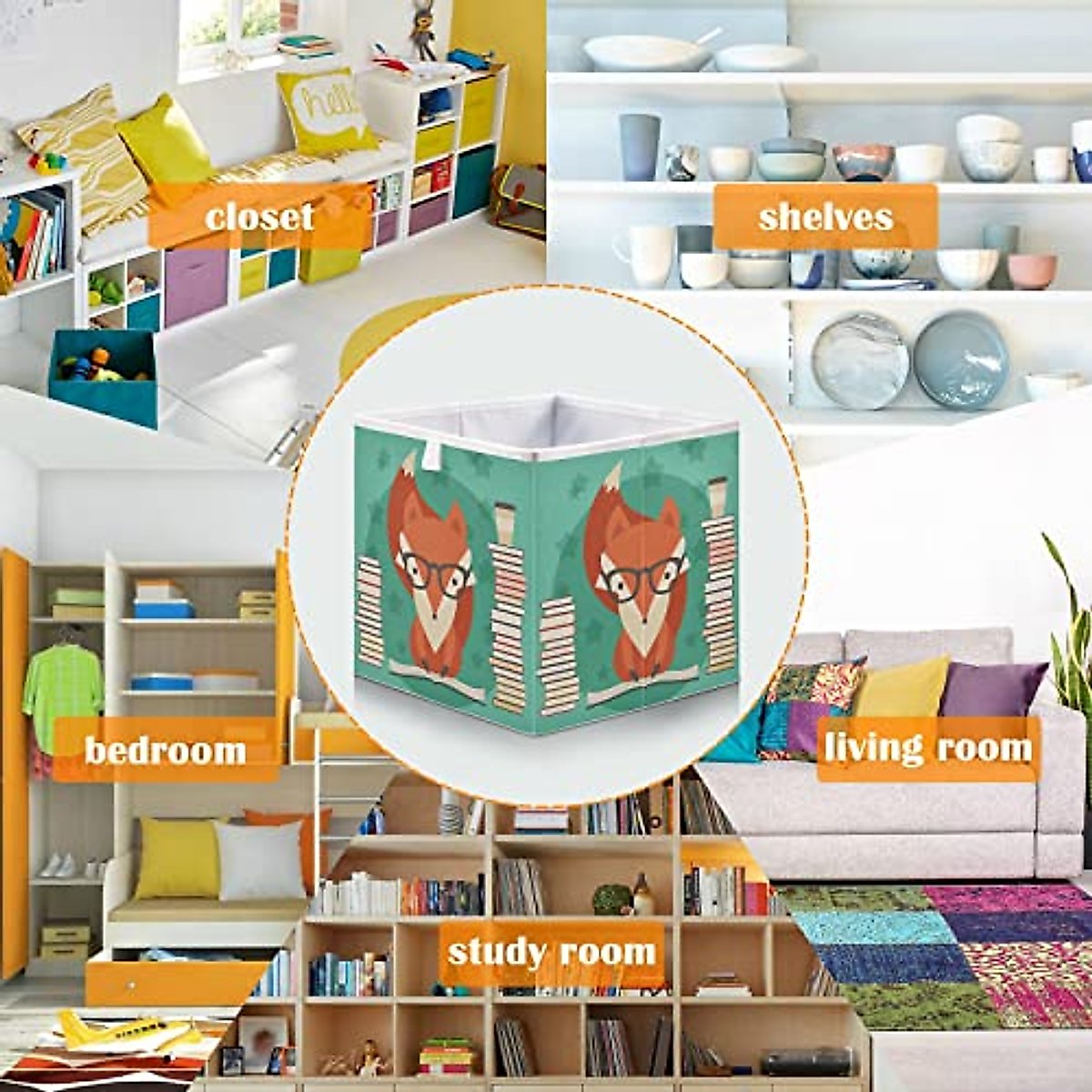 Blueangle Fox Reading Book Rectangle Storage Bin, 15.8 x 10.6 x 7 in, Large Collapsible Organizer Storage Basket for Home Décor（339）