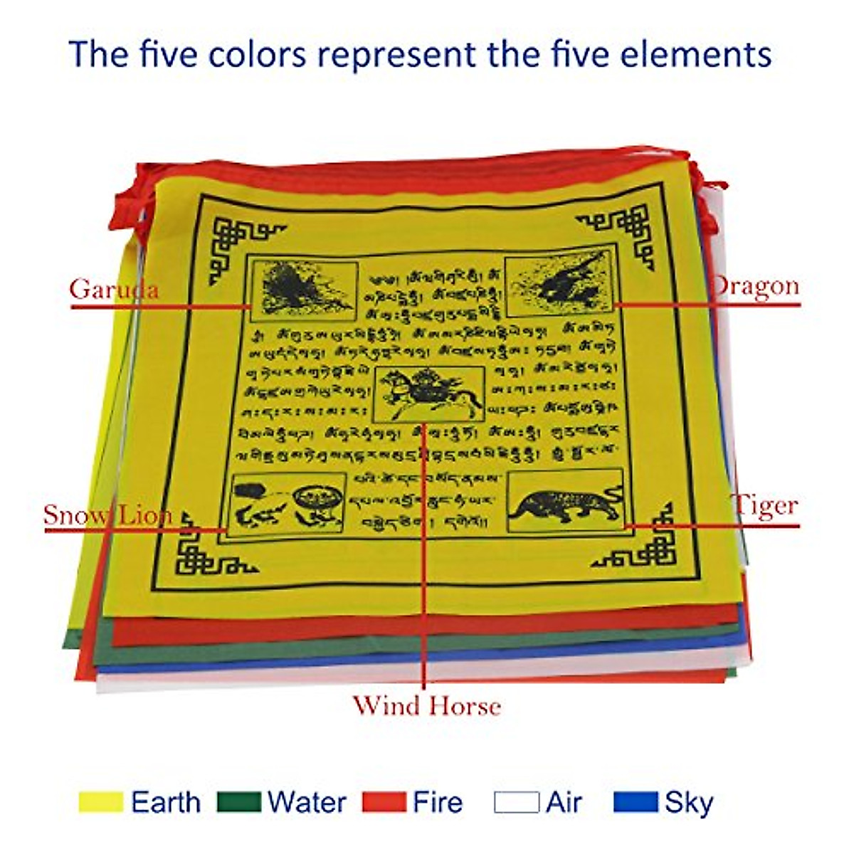 Anley Tibet Buddhist Prayer Flag – Traditional Five Elements - Horizontal Wind Horse Design (10” x 10”) - 25 flags & 23 feet