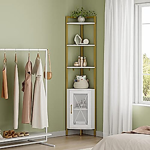 HITHOS 71" Tall Corner Shelf, 6-Tier Corner Bookcase, Gold Bookshelf with Storage Cabinet, Modern Display Shelf, Free Standing Storage Rack Plant Stand for Living Room, Bedroom, Home Office, White