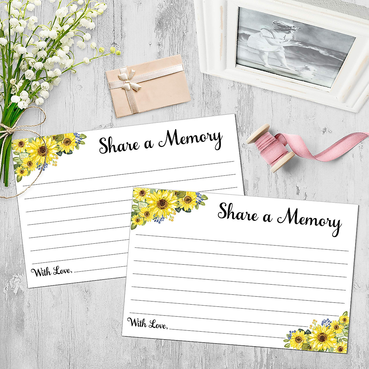 321Done Share a Memory Card (50 Cards) Sunflower Large, 4" x 6" for Celebration of Life Birthday Anniversary Memorial Funeral Graduation Bridal Shower Game - Made in USA - White