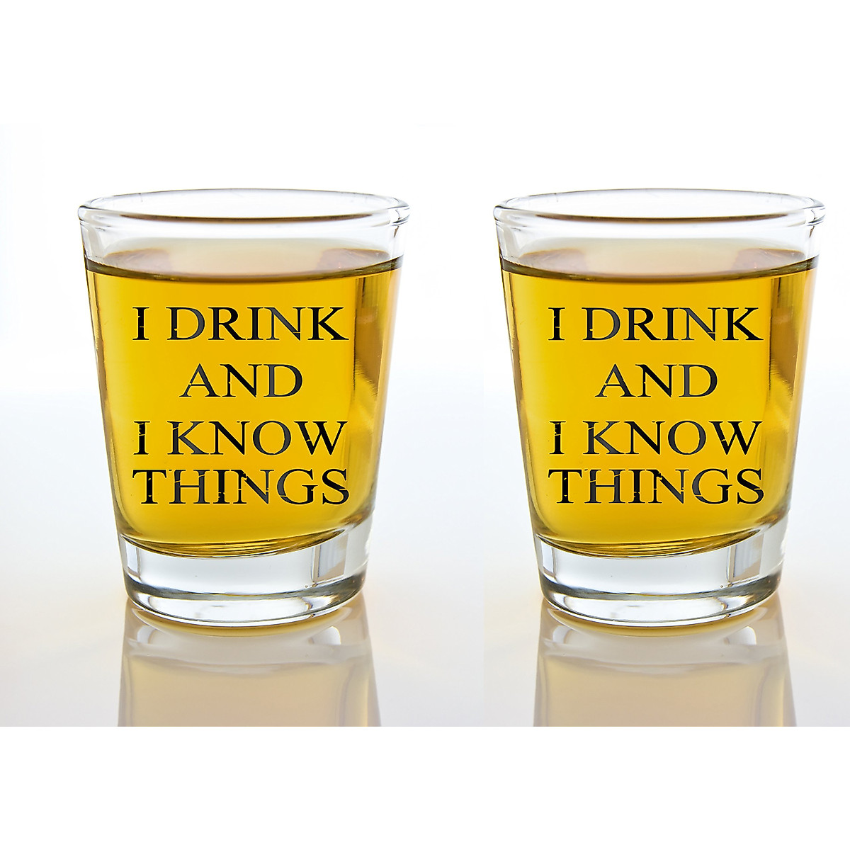 AW Fashions I Drink and I Know Things - Funny Parody Party Shot Glass - 2 Pack Set of Shot Glasses Bachelorette Bachelor Game