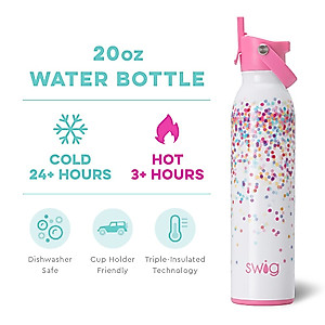 Swig Life 20oz Insulated Water Bottle with Straw & Flip + Sip Handle | Leak Proof, Dishwasher Safe, Cup Holder Friendly, Stainless Steel Water Bottle in Confetti