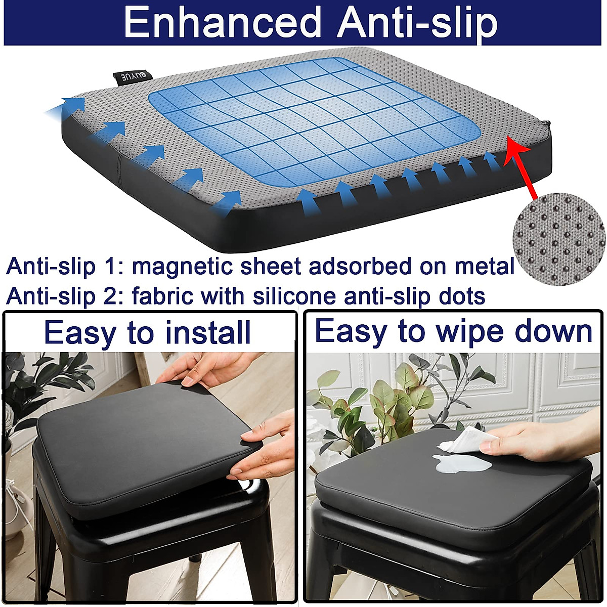 BUYUE Enhanced Anti-Slip Magnetic Bar Stool Cushions Set of 4, Luxury PU Leather Waterproof Small Seat Cushions for Café Bistro Stackable Metal Stools (Square, Black, 4)