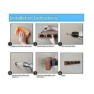 JSVER Broom Holder Wall Mount Mop Broom Holder, Tool Organizer Wall Hanger, Storage Rack with 3 Hooks 4 Racks, Wood Broom Holder for Bathroom Kitchen, Garden, Garage Laundry Room