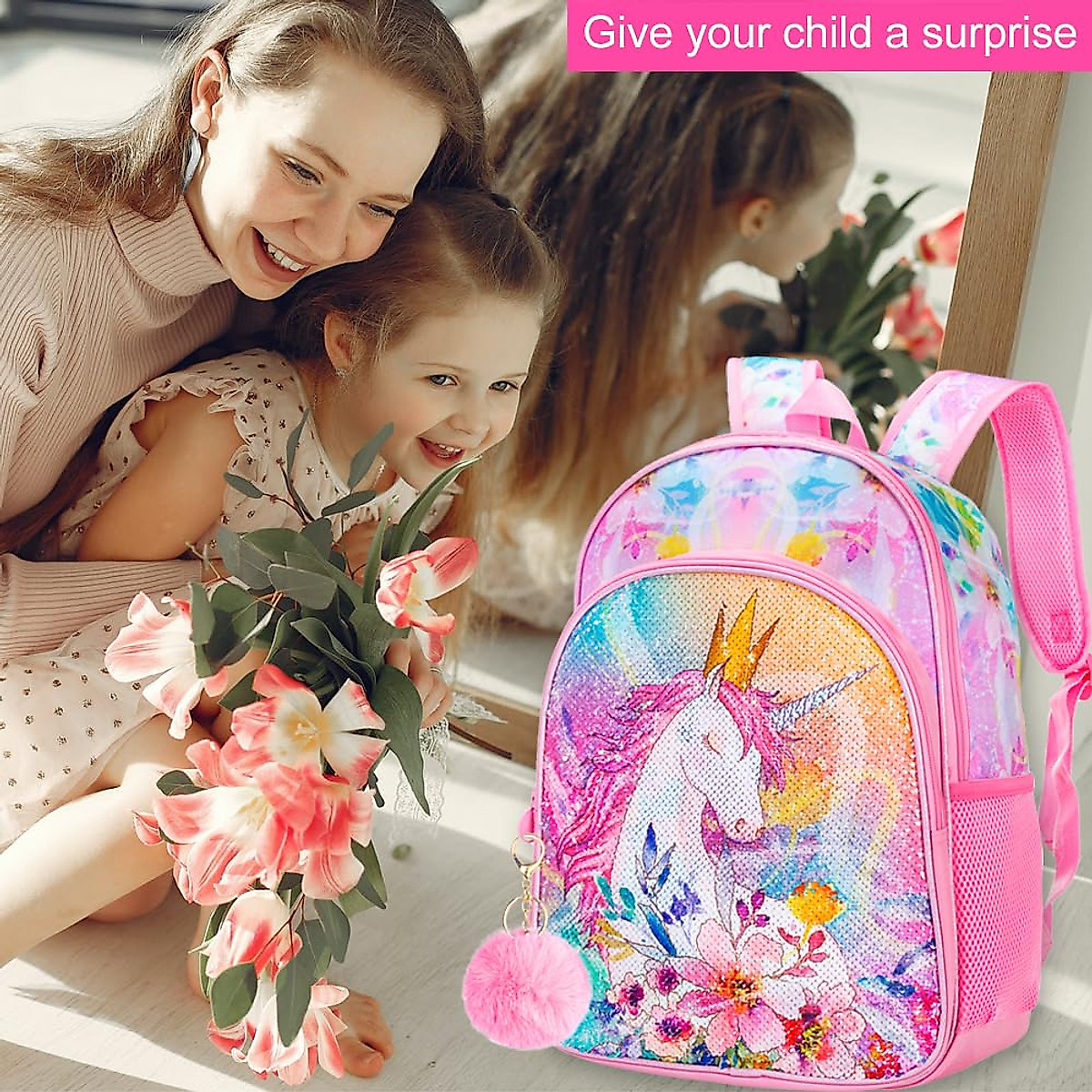 WZLVO 3PCS Unicorn Backpack for Girls, 16” Kids Sequin Bookbag, Elementary Preschool School Back Packs and Lunch Box