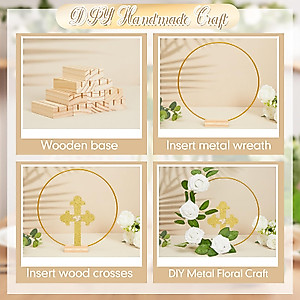 Wesiti 48 Pcs Baptism Centerpiece Decoration for Table 12 Wood Cross 12 Metal Floral Hoop Centerpiece with Stand 24 Foam Rose with Stem for Baptism Baby Shower Wedding(Gold and White,Stylish)