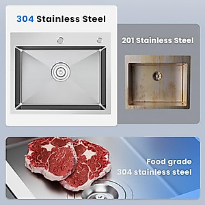 POPFLY 23 Inch Kitchen Sink,18 Gauge Drop In Bar Prep Small Sink, Top mount 304 Stainless Steel Single Bowl Deep Sink,Brushed（23x18x9）