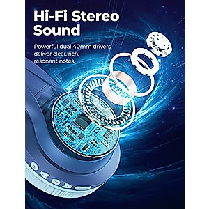 iClever TransNova Kids Bluetooth Headphones, LED Lights Up, Replaceable Plate, 74/85/94dB Volume Limited, 45H Playtime, Stereo Sound, Kids Headphones Wireless with Case for Travel iPad Tablet, Blue