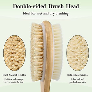 FREATECH Long Bamboo Handle Body Brush Back Scrubber - Dual-Sided Bath Shower Brush with Stiff and Soft Bristles for Wet or Dry Brushing, Exfoliating Skin, Cellulite Removal and Lymphatic Drainage