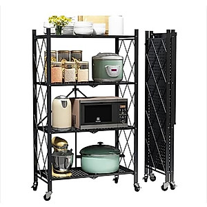 Foldable Storage Shelves on Wheels, 4 Tier Shelves for Storage, Heavy Duty Metal Shelving Units, No Assembly Storage Rack for Garage, Kitchen, Basement, Pantry, Black