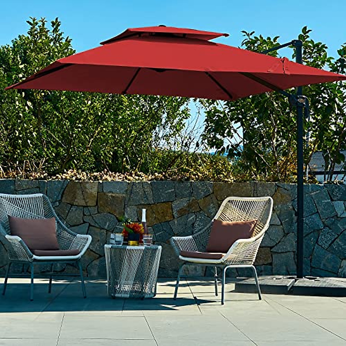 JEAREY 9FT Square Cantilever Patio Umbrella Double Top Roating Outdoor Offset Umbrella Heavy Duty Sun Umbrella for Patio Lawn Garden Backyard and Pool, RED