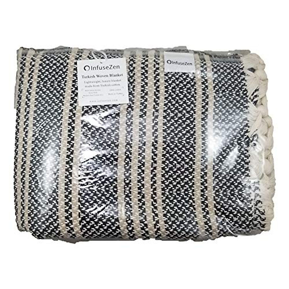 InfuseZen Turkish Throw Blanket Made from 100% Turkish Cotton, Large Lightweight Handwoven Sofa Throw, Partial Bed Cover or Loveseat Blanket (Black with Beige Stripes)