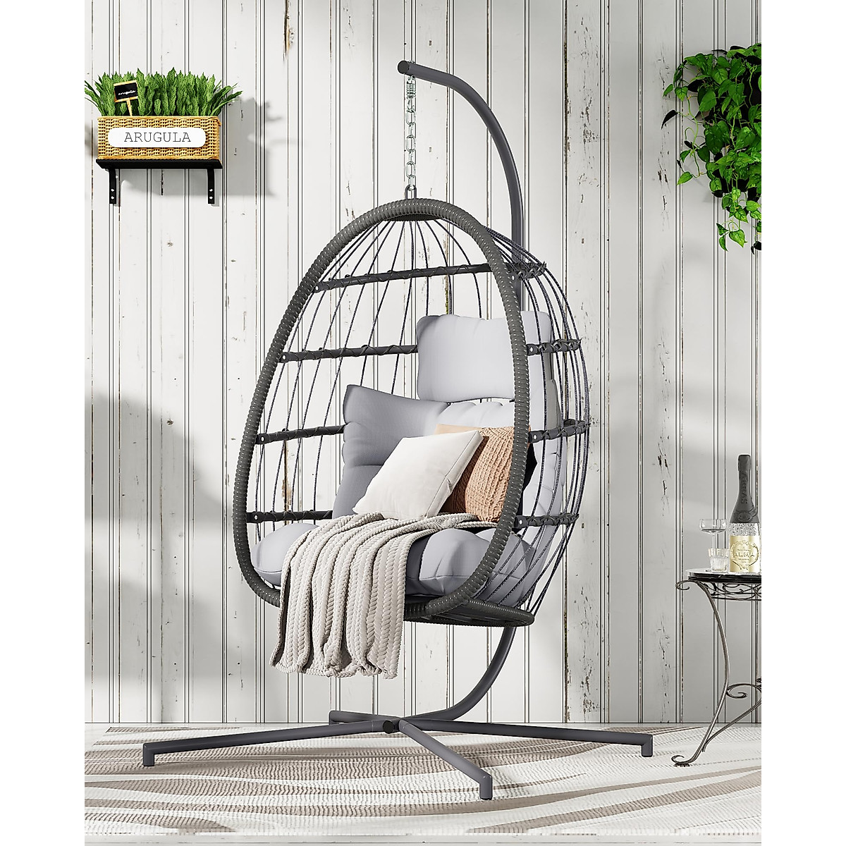 HWB Hanging Egg Chair with Stand, Patio Wicker Hammock Egg Swing Chair with Cushion for Bedroom Garden Indoor Outdoor (Grey)