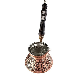 BCS 12 Oz Copper Turkish Greek Arabic Coffee Pot with Wooden Handle (4 servings) Cezve Ibrik Briki Stovetop Coffee Maker (Includes Wooden Spoon)