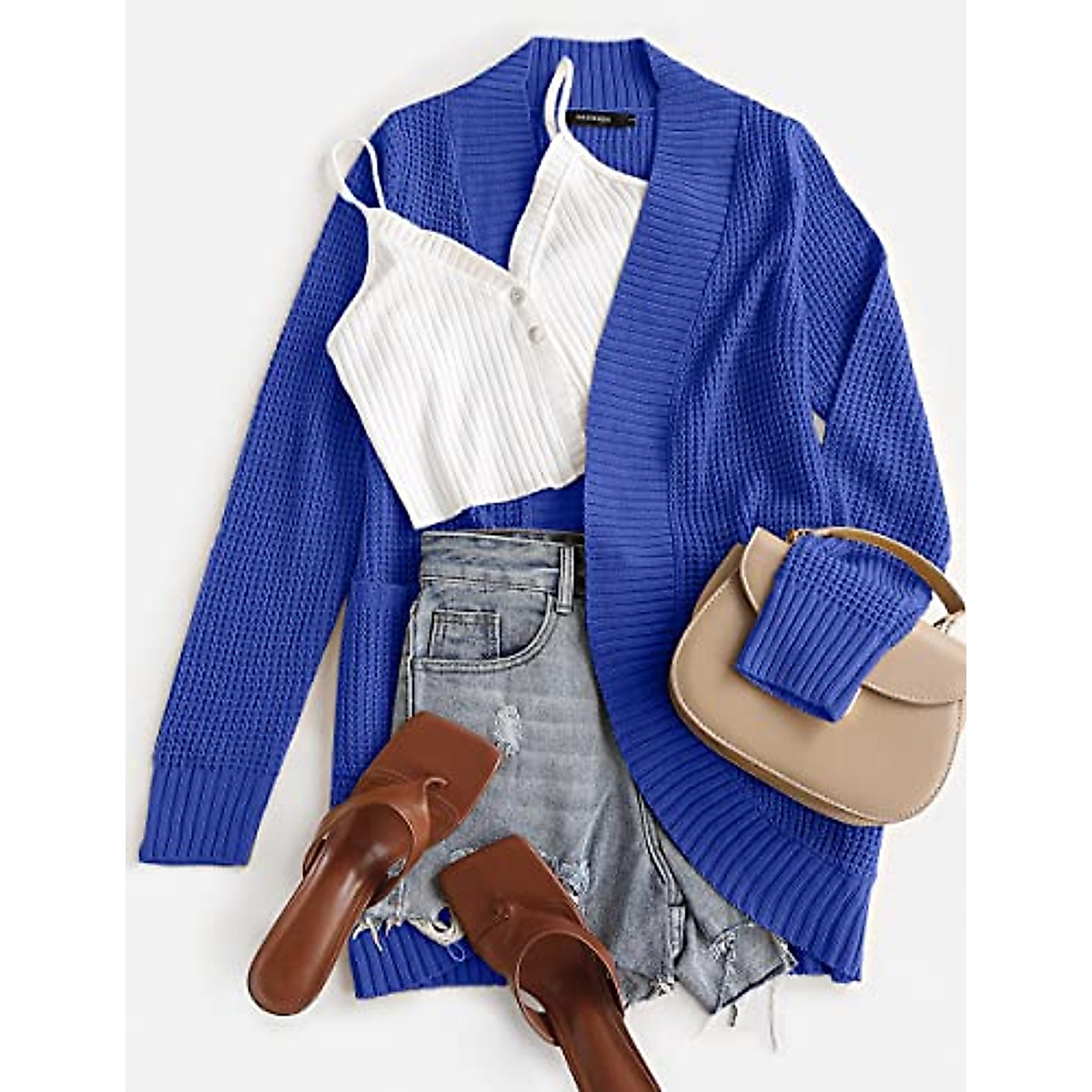 ZESICA Women's 2023 Long Sleeve Open Front Casual Lightweight Soft Knit Cardigan Sweater Outerwear,Blue,Medium