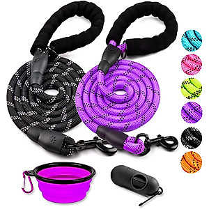 COOYOO 2 Pack Dog Leash 6 FT Heavy Duty - Comfortable Padded Handle - Reflective Dog Leash for Medium Large Dogs with Collapsible Pet Bowl Set 3-Black+Purple