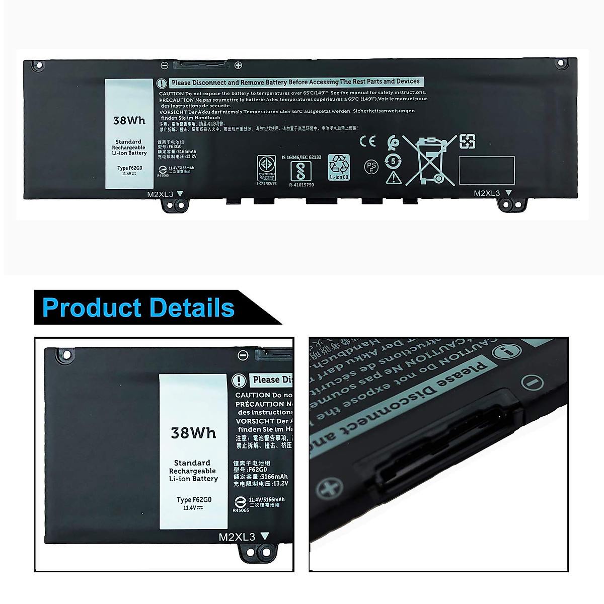 EBKK 38Wh F62G0 39DY5 Battery for Dell Inspiron 13 7000 7373 7370 7380 7386 2-in-1 5370 P83G P83G001 P83G002 P87G001 P83G002 P87G Vostro 13-5370-D1505G R1605S D1525S D1605S Series F62GO CHA01 RPJC3