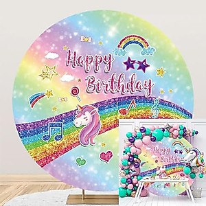 AWERT Polyester Diameter 3ft Round Rainbow Unicorn Backdrop for Girls Happy Birthday Fantasy Colorful Sky Glitter Sequins Photo Background Kids 1st 2nd Birthday Party Baby Shower Decoration