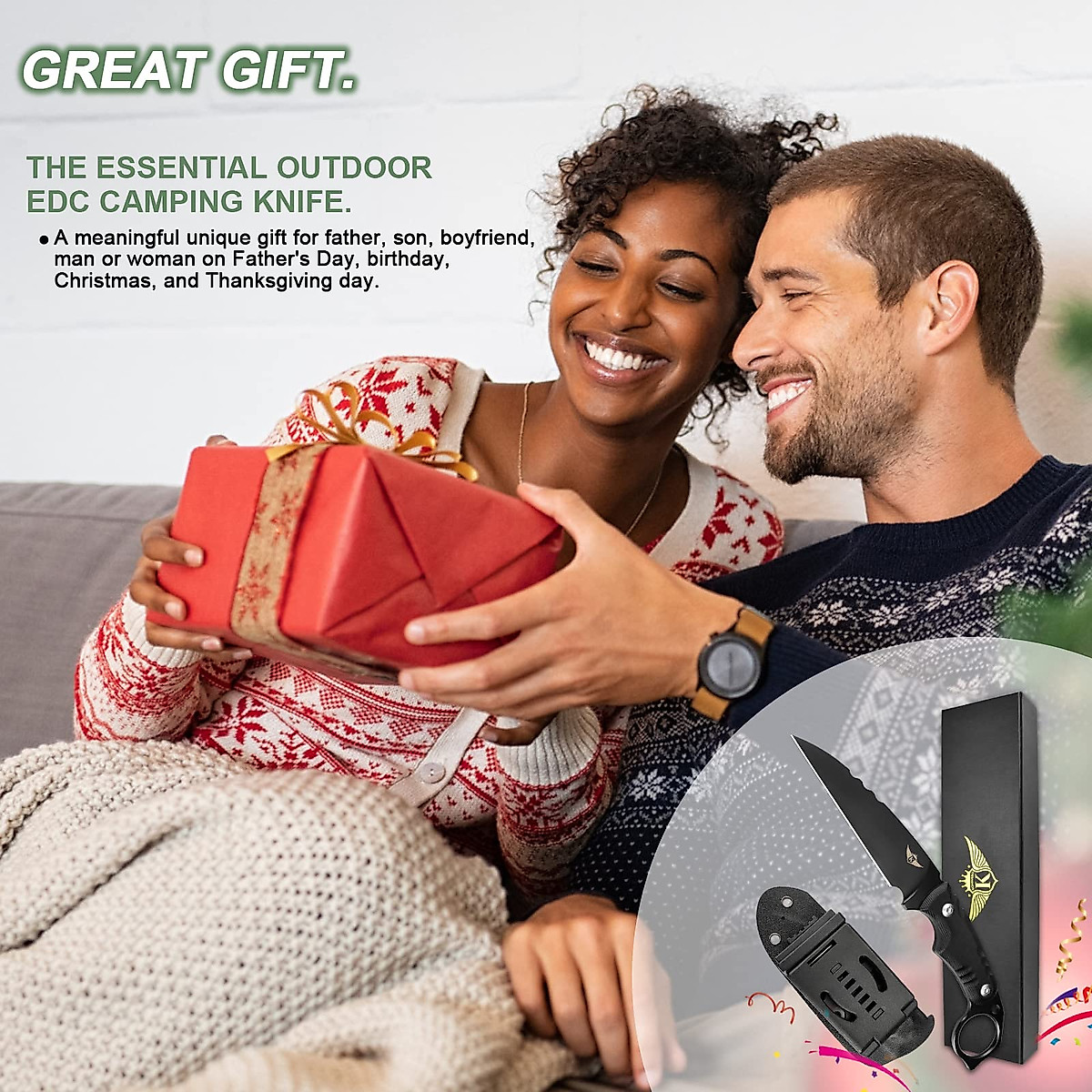 KOMWERO Outdoor Camping Knife, 8.66" Fixed Blade Knife with D2 Steel Black Titanium Coated Blade and G10 Handle, EDC Knife Full Tang with Kydex Sheath for Adventure Survival (Black)