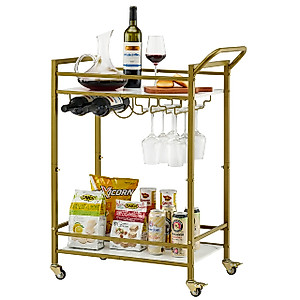 Tajsoon 2-Tier Bar Cart, Mobile Bar Serving Cart, Industrial Style Wine Cart for Kitchen, Beverage Cart with Wine Rack and Glass Holder, Rolling Drink Trolley for Living Room, Gold & White