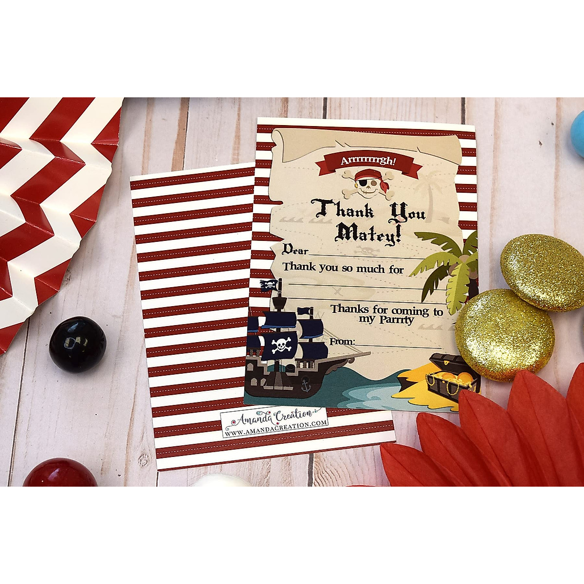 Pirate Treasure Map Birthday Thank You Notes, Ten 4" x 5.5" Fill In The Blank Cards with 10 White Envelopes by AmandaCreation