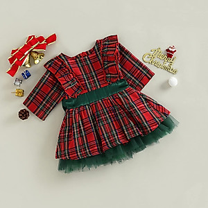 Toddler Baby Girl Christmas Dress Cute Long Sleeve Red Green Plaid Princess Tulle Tutu Dress with Bowknot Outfit (4-5T, Plaid Tutu Dress Green)