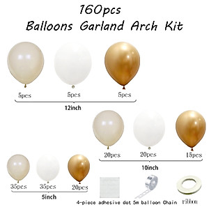 White Sand Gold Balloons Garland Arch Kit,160PCS White Nude Balloons with Metallic Chrome Gold Latex Balloons for Boho Wedding Baby Bridal Shower Engagement Anniversary Birthday Decorations Backdrop