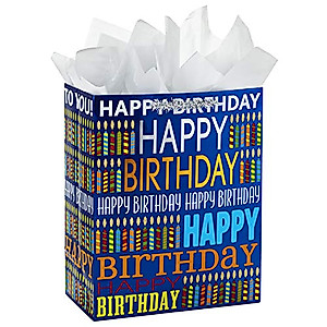 Hallmark 13" Large Birthday Gift Bag with Tissue Paper (Blue Happy Birthday, Multicolored Candles)