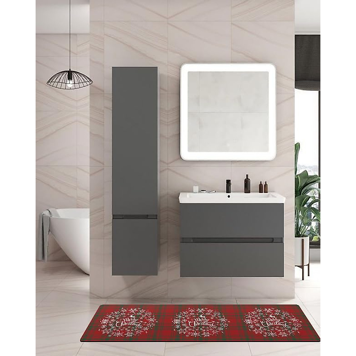 Snowflake Bath Mat for Tub,Non Slip Bathroom Floor Runner Rug Quick Dry & Absorbent Diatomaceous Earth Shower Sink Bedroom Kitchen Washable Doormat,Red Christmas Elk Xmas Plaid Rustic 20"x47"