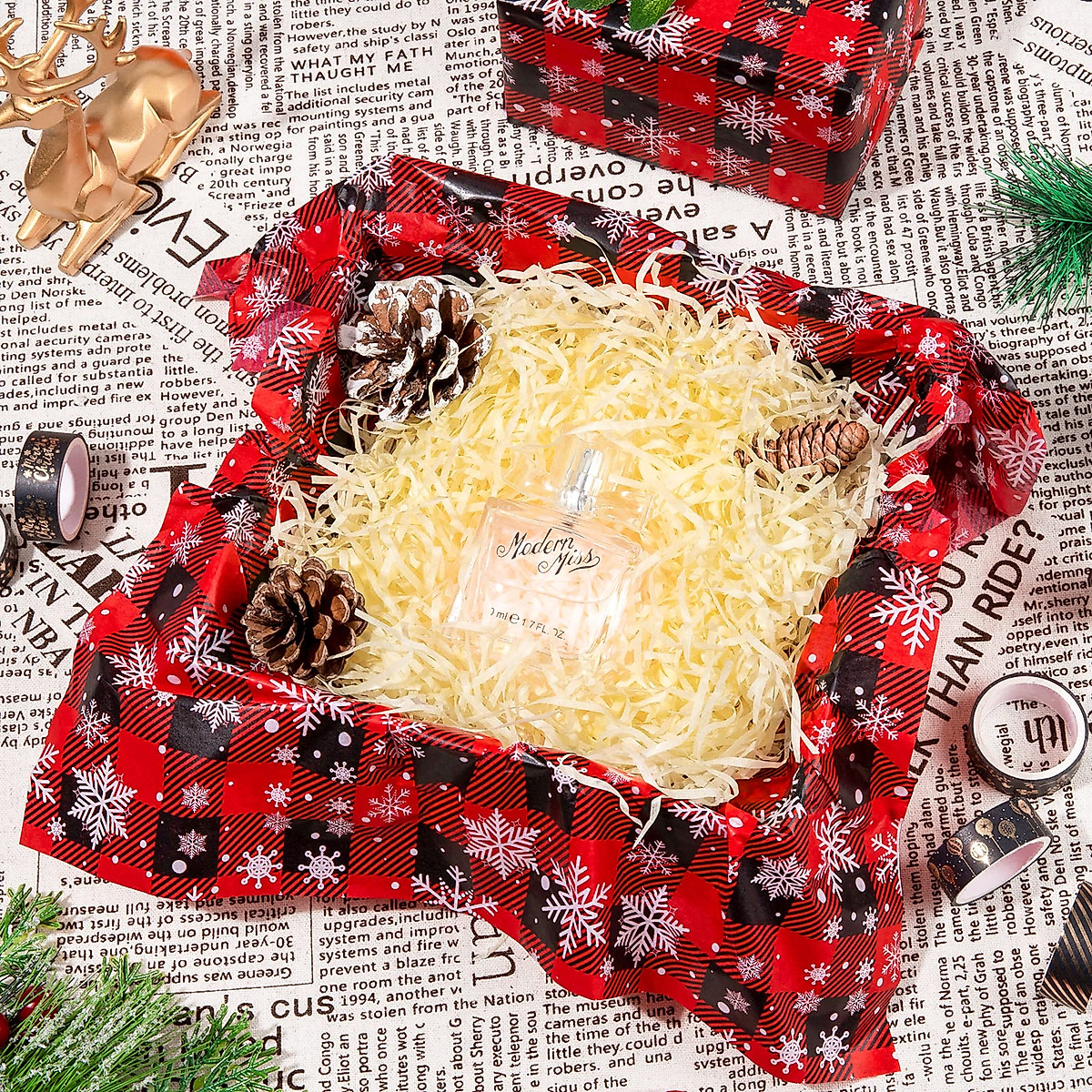 Whaline 120 Sheet Christmas Buffalo Plaid Tissue Paper Winter Red Black Plaids Snowflake Tissue Paper Xmas Wrapping Paper Rustic Art Craft Paper for Christmas Winter Party Craft Gift Wrapping