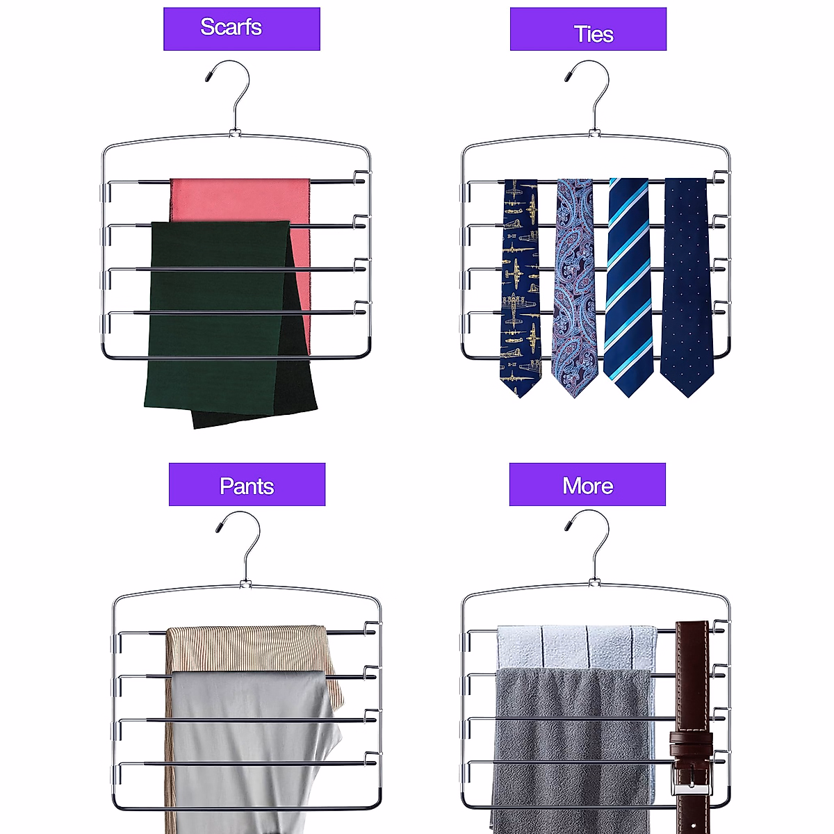 ARRIGO 3 Pack Pants Hangers Space Saving Non Slip Multiple Pants Hanger for Women with Swing Arm Closet Storage Organizer for Pants Jeans Trouser Leggings Scarf Tie