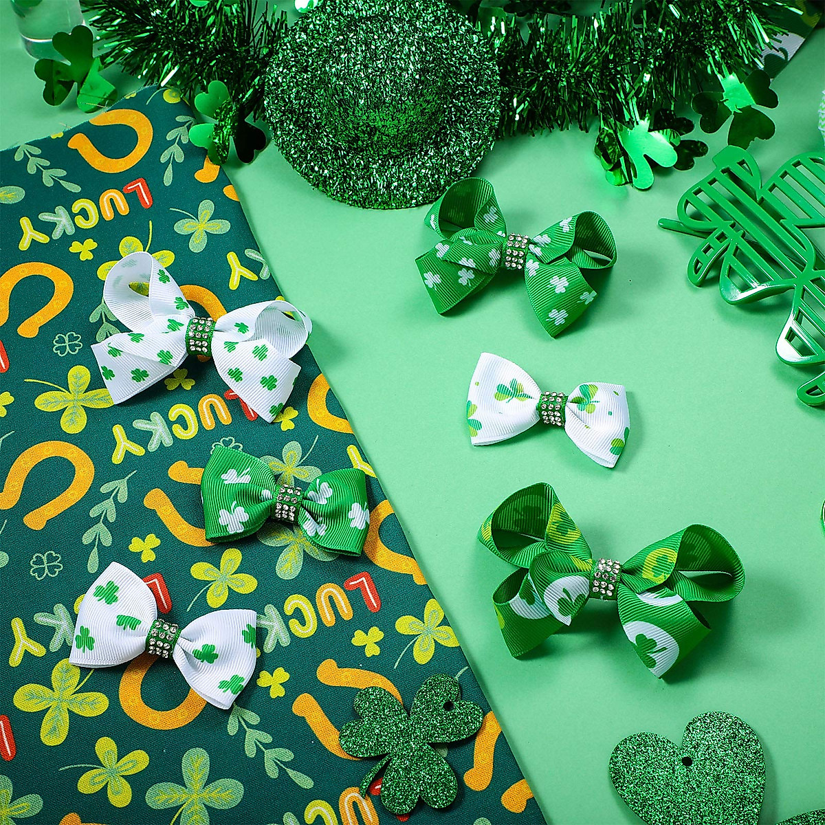 6 Pieces St. Patrick's Day Hair Bows Clips Barrettes Irish Green Shamrock Clover Hair Alligator Clips Ribbon Hair Bows Hairpin Accessories for Girls Kids Women St Patrick's Day Party Decorations