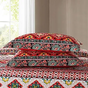 NEWLAKE Cotton Bedspread Quilt Sets-Reversible Patchwork Coverlet Set, European Boho Striped Pattern, Queen Size