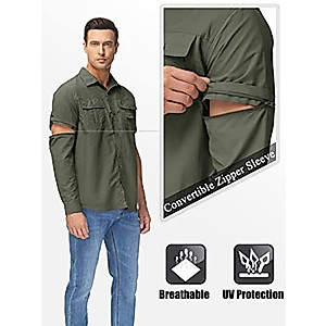 TACVASEN Men's Quick Dry UV Protection Zipper Convertible Long Sleeve Shirt,Green,Large