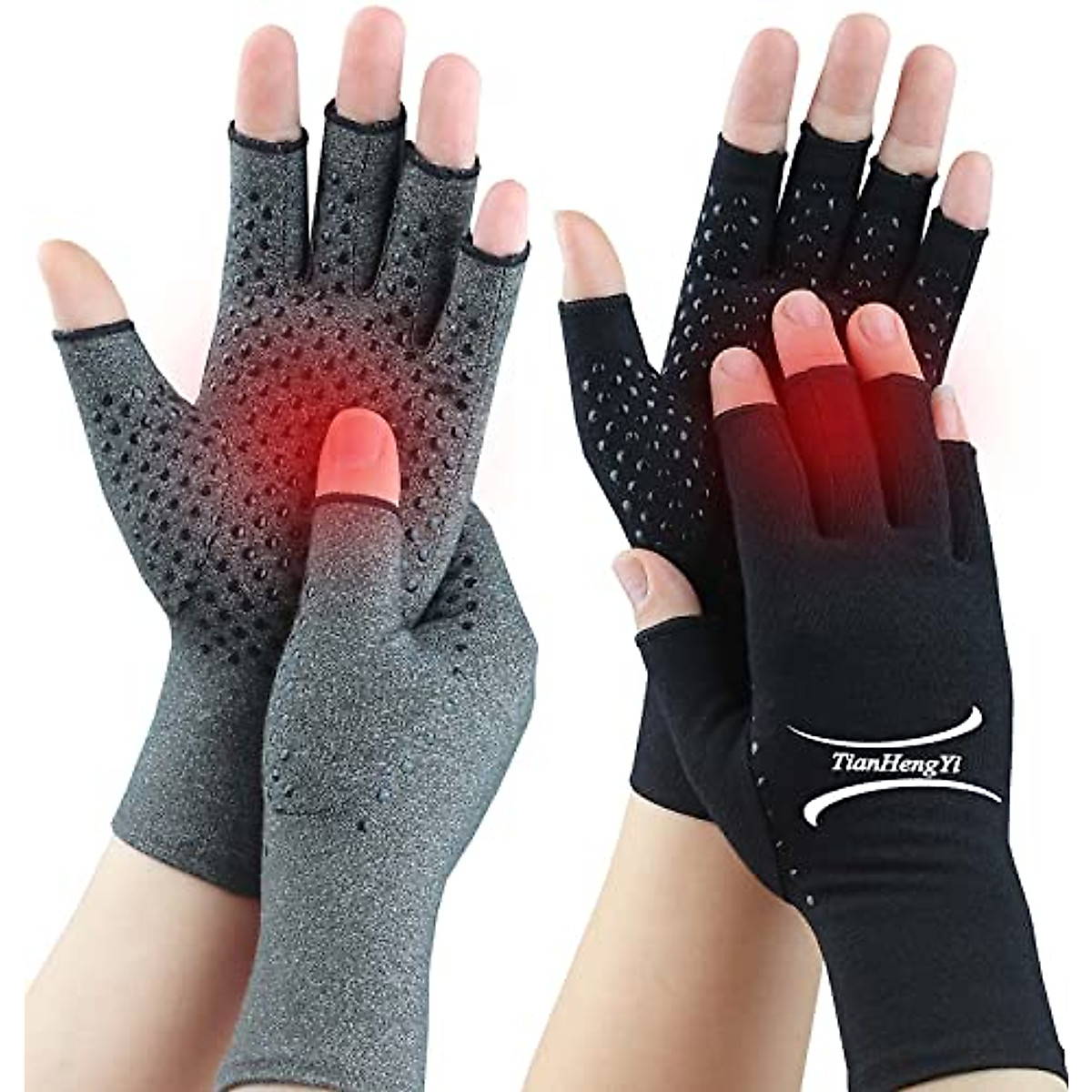 2 Pairs Arthritis Gloves for Pain Relief, Compression Gloves for Arthritis, Carpal Tunnel, Osteoarthritis, Joint, Typing, Driving, Fingerless Hand Gloves for Women Men (Grey1+Pure Black1, Medium)