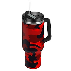 Yasala Car Tumbler with Handle Military Camo Red Black Travel Mug Coffee Cup Insulated Beverage Container Mega Cup for Hot Cold Drinking Thermos Water Bottle Cupholder Friendly 40 oz
