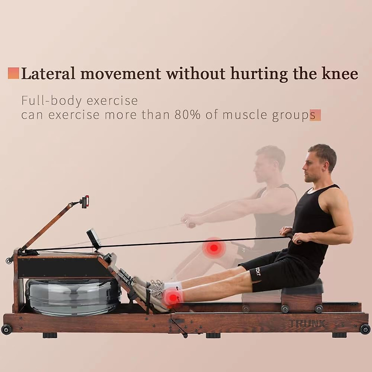 TRUNK Foldable Water Rowing Machine for Home Gym Fitness, Classic Solid Wood Rower Machine with Bluetooth Monitor Whole Body Exercise Cardio Training (Included a Phone Holder)