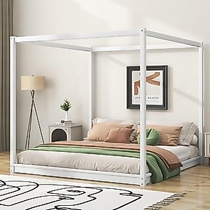 King Size Canopy Bed Frame, Wood Floor Bed with 4 Poster and Wooden Slats Support, No Box Spring Needed, White