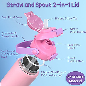 Kids Water Bottle with Straw & Chug(2-in-1 Lid), 14oz Kids Insulated 18/8 Stainless Steel Water Bottle for School Girls Boys Toddler Water Bottle Leak Proof & Spill Proof Kids Cups (1, B1.Pink)