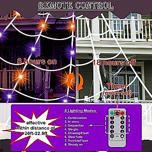 Joliyoou 200 LED 19.7ft x 16.4ft Halloween Spiderweb with Orange and Purple Lights, 8 Modes Remote Controlled Cobweb for Indoor Outdoor Spooky Party Decoration