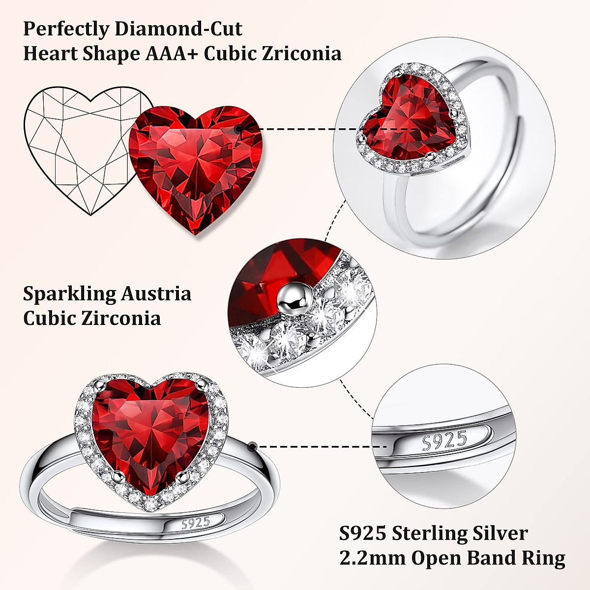 Bestyle 925 Sterling Silver Created Diamond Rings Heart Crytsal Rings for Women, 8mm January Granet Birthstone Gemstone Rings Illuminated by 1mm White Cubic Zirconia