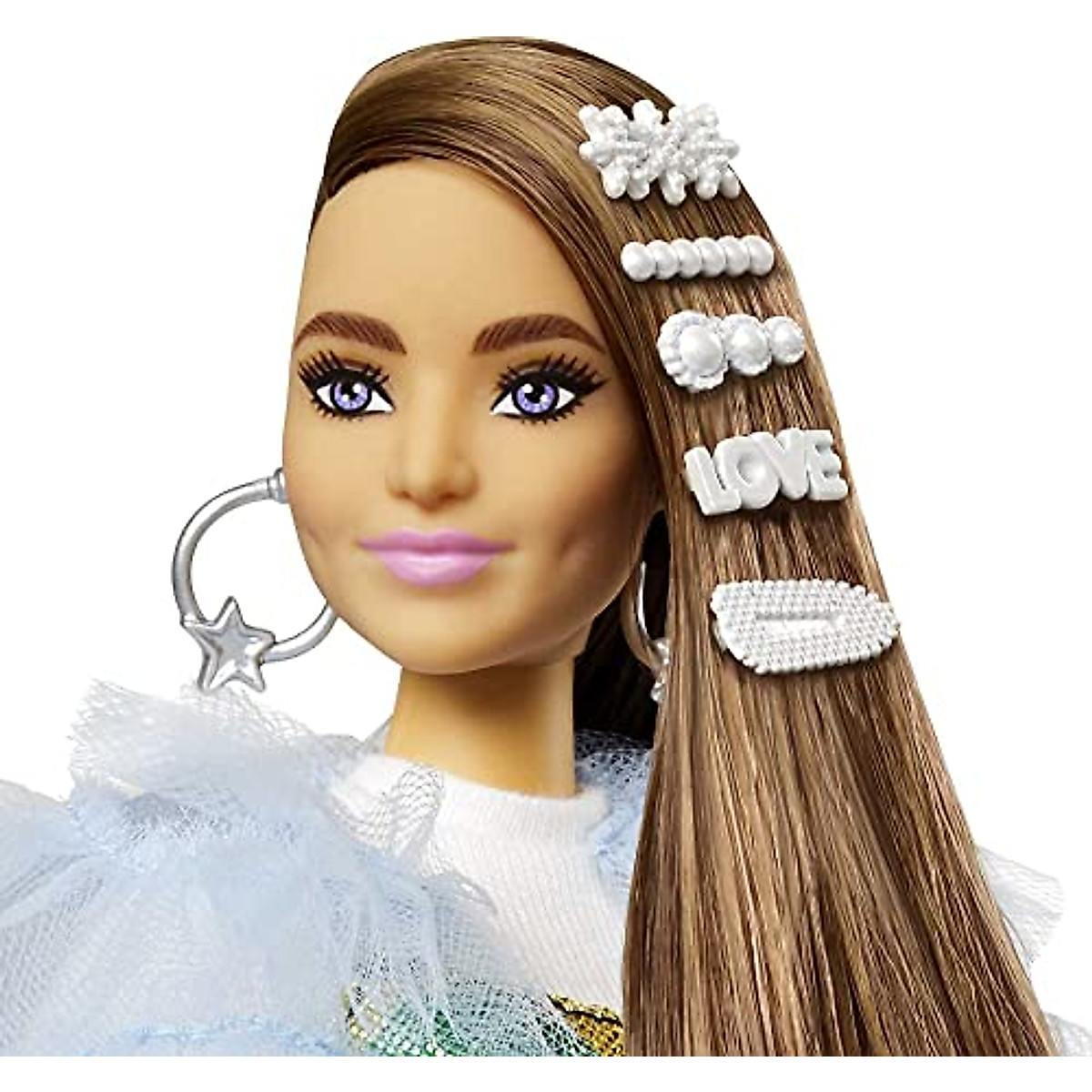Barbie Extra Doll & Accessories with Long Brunette Hair and Bling Clips in Multi-Colored Dress with Pet Crocodile