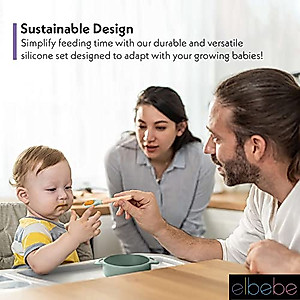elbebe Silicone Baby Feeding Set - 7pcs Baby Led Weaning Supplies w/Strong Suction Cup - Baby Feeding Supplies, Baby Eating Supplies, Silicone Baby Plates and Bowls Set (Sea Mist Green)