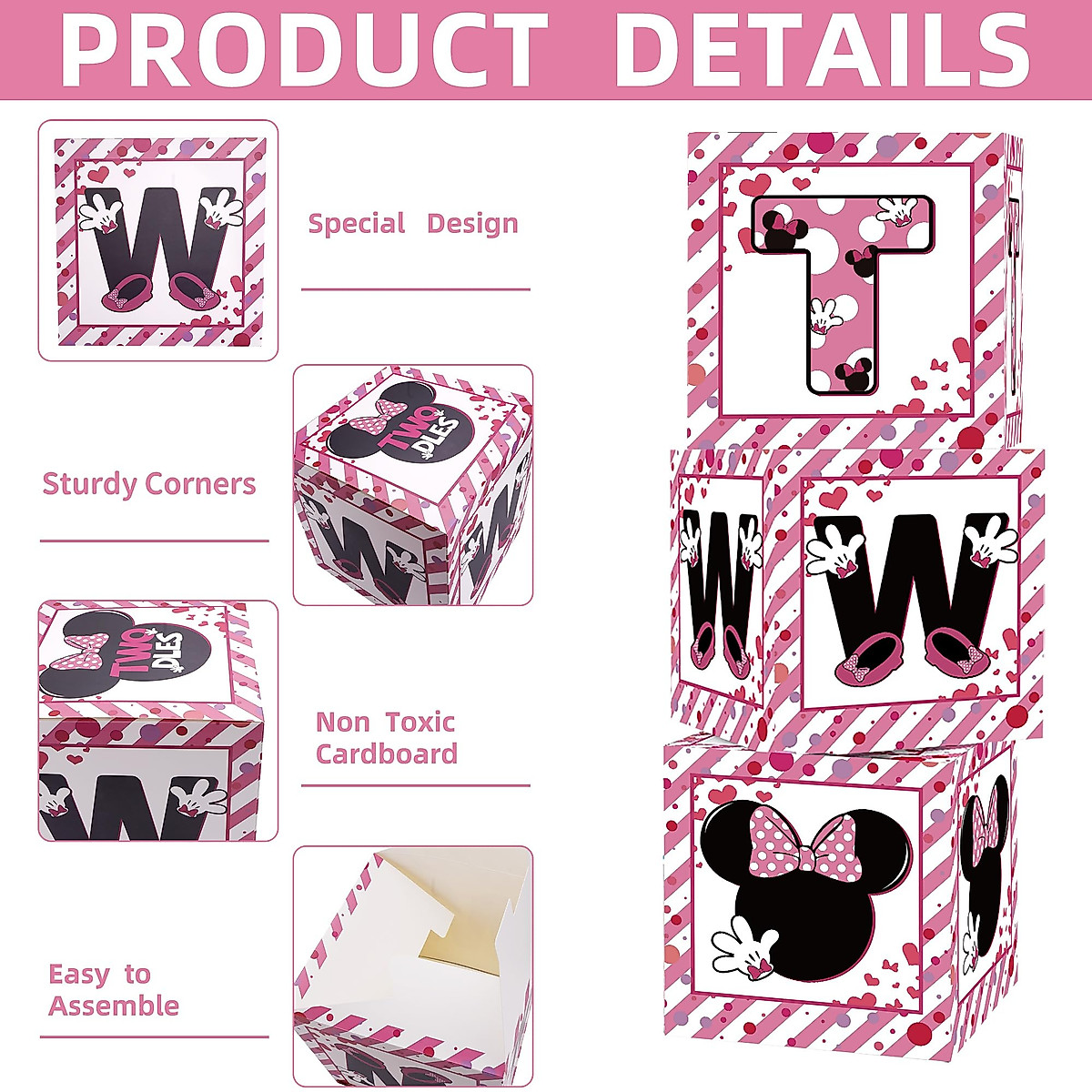 2nd Birthday Party Favors Balloon Boxes Supplies for Baby, Girls 3Pcs Pink Mouse Theme Two Year Old Balloon Boxes, TWO' Letters Balloon Arch Kit for Party Decorations