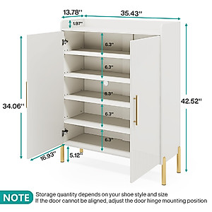 Tribesigns Large Shoe Cabinet with Doors, 6-Tier Entryway Shoe Storage Cabinet with Shelves, 30 Pairs Modern Shoes Rack Organizer for Hallway, Closet, Bedroom, Living Room, White & Gold