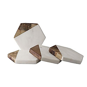 GoCraft Marble & Wood Coasters | Handcrafted Geometric White Marble Coasters with Mango Wood for Your Drinks, Beverages & Wine/Bar Glasses (Set of 4)