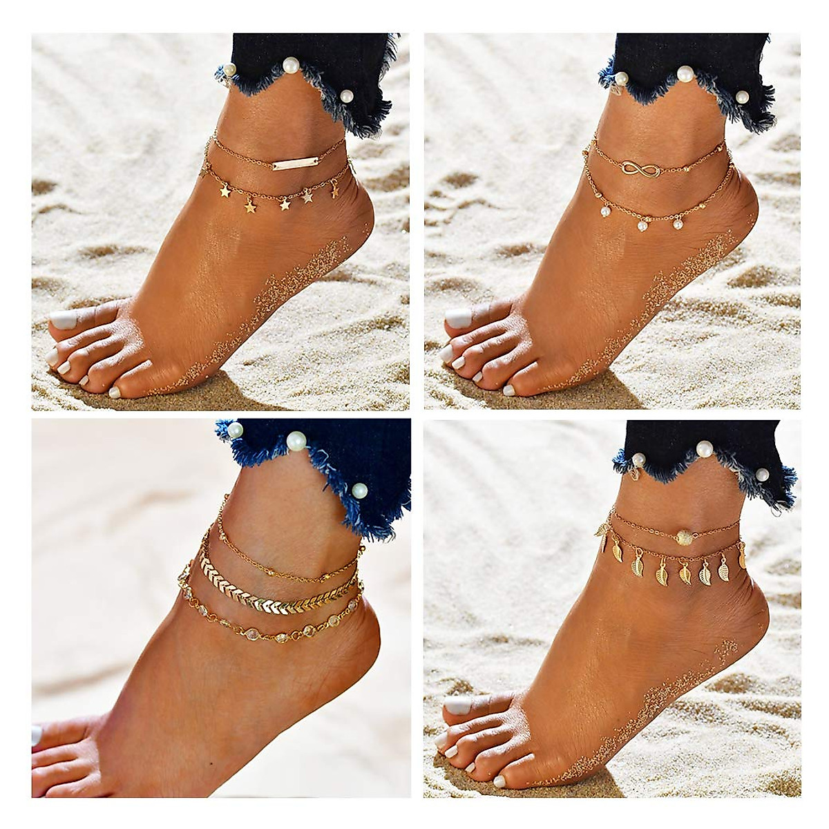 FUNEIA 12/16/30Pcs Ankle Bracelets for Women Gold Silver Rose Gold Charm Anklets Set for Teens Boho Layered Beach Adjustable Foot Chain Summer Beach Jewelry