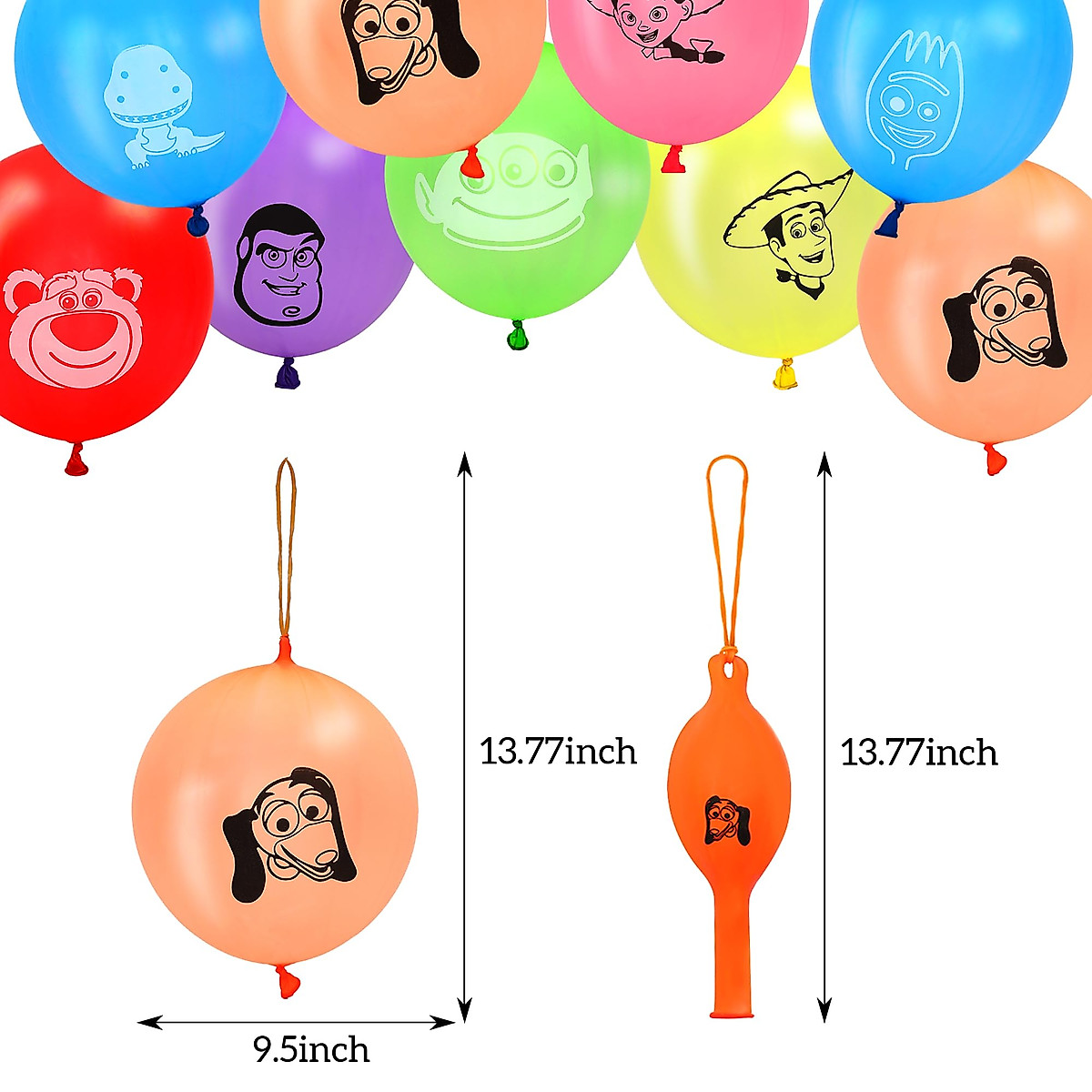 24PCS Story Party Favors Punch Balloons Latex Party Balloons with Rubber Band Handle, Toy Inspired Story Themed Party Supplies for Kids Halloween Prize Punch Game Rewards, 8 Patterns