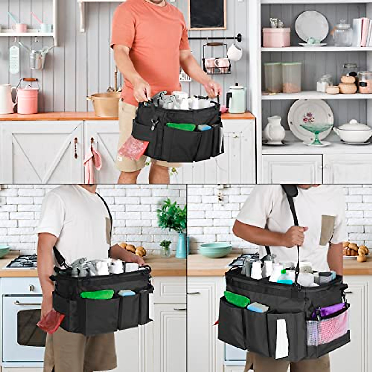 Large Wearable Cleaning Caddy Bag for Cleaning Supplies with 4 Foldable Dividers，Cleaning Caddy Organizer with Handle，Cleaning Bags for Housekeepers with Shoulder and Waist Straps
