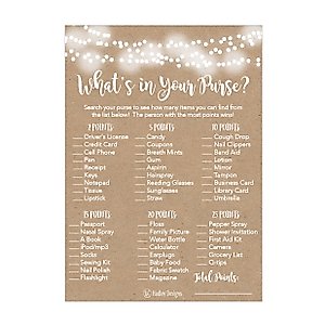 25 Rustic Whats In Your Purse Bridal Wedding Shower or Bachelorette Party Game Item Cards Engagement Activities Ideas For Couples Funny Co Ed Rehearsal Dinner Supplies and Decoration Favors For Guests